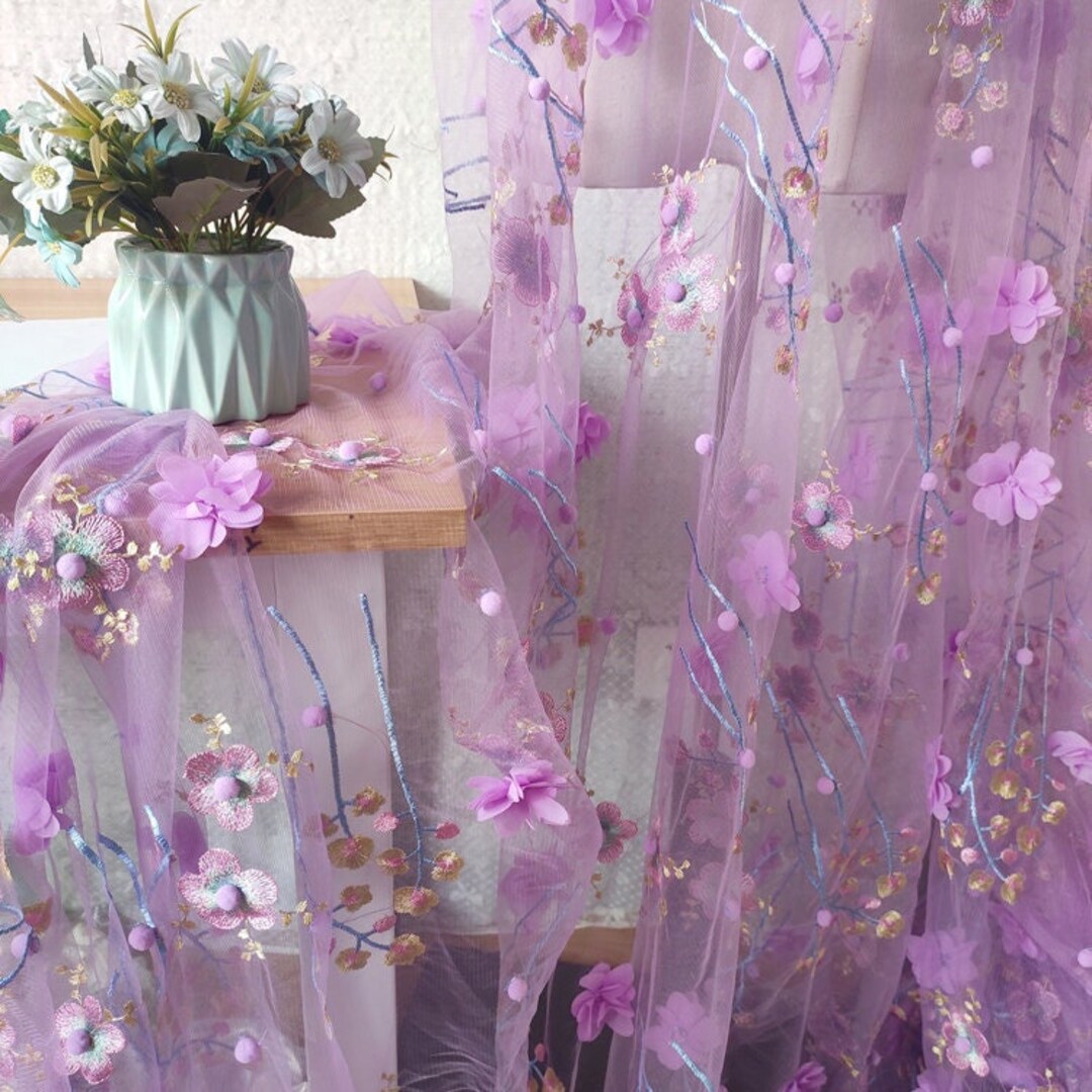 Embroidered Lace Fabric, Purple Mesh Fabric, Floral Fabric, 3D Chiffon ...
