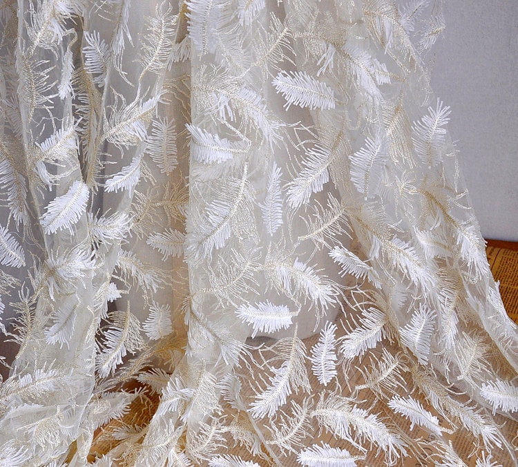Feather Embroidered Fabric White Lace Fabric Mesh Embroidery - Etsy