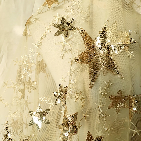 Champagne Lace Fabric Star Sequins Fabric Pentagram Mesh Fabric Glitter Curtain Fabric Shimmer Bridal Dress Fabric by the Meter C08 1 Etsy UK