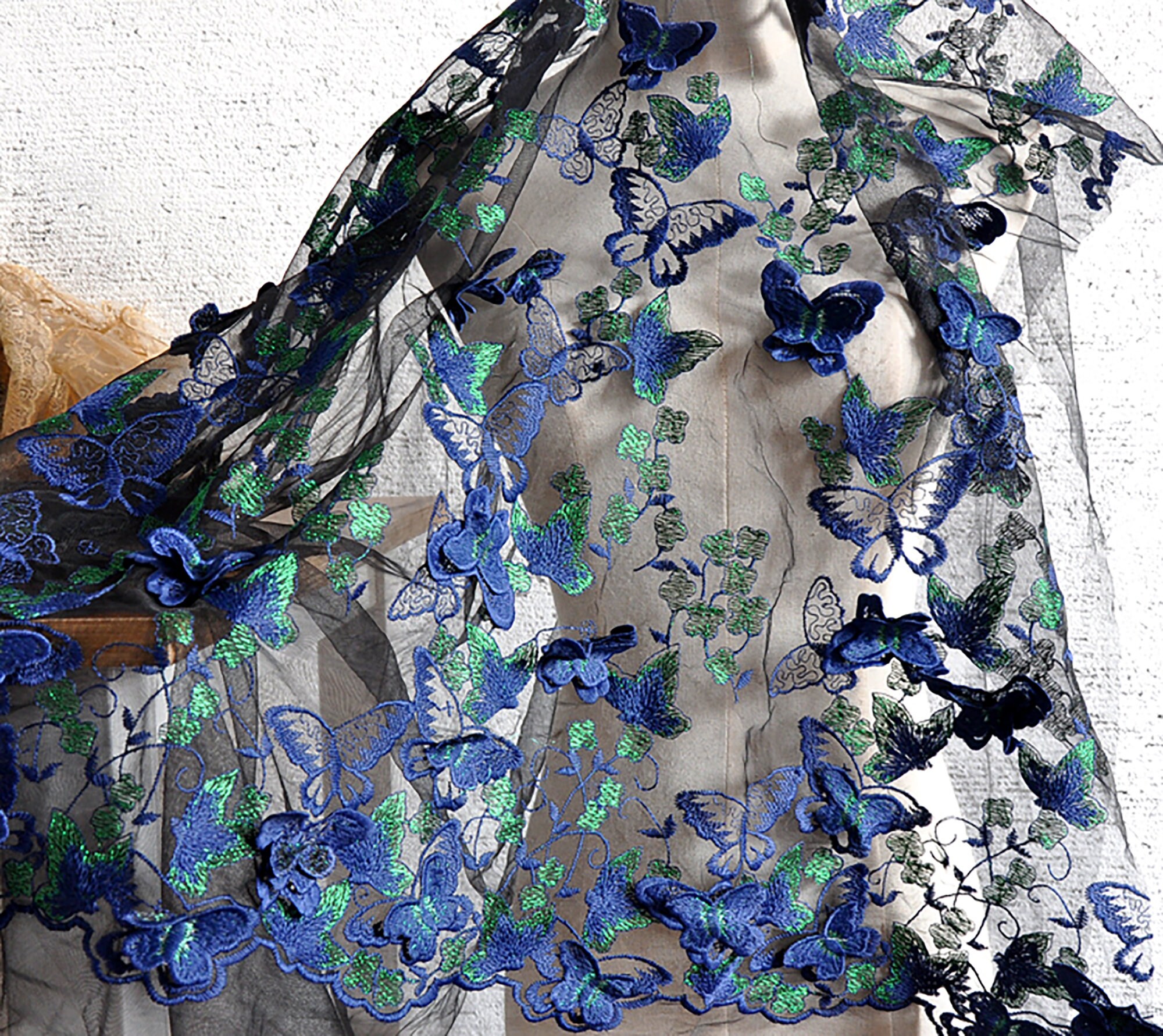 Embroidered Lace Fabric Blue Butterfly Fabric 3D Flower - Etsy