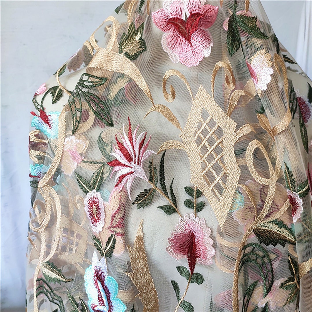 Colorful Embroidery Lace Fabric, Floral Embroidery Fabric, Perspective ...
