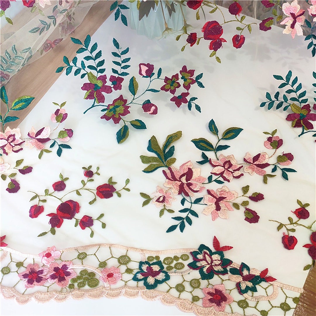 Colorful Flower Embroidered Tulle Fabric Perspective Lace Etsy