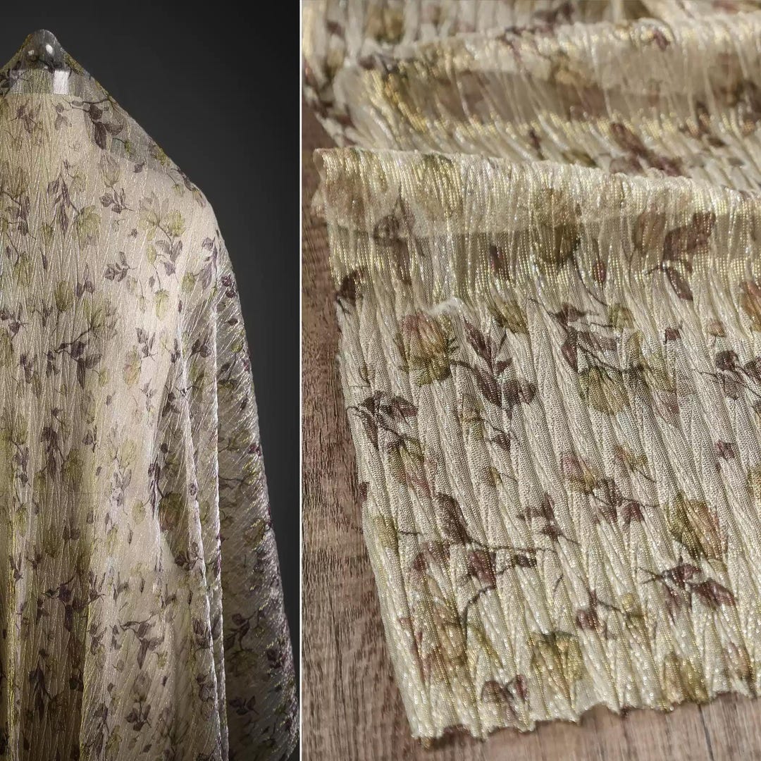 Yellow Camel Floral Fabric, Pleated Tulle Mesh Fabric, Glitter Stretch ...