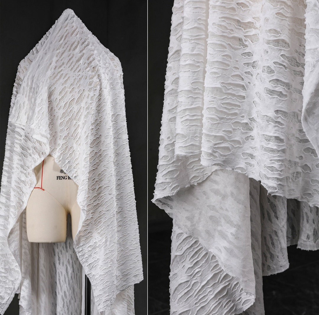 White Stretch Knit Fabric- Distressed Fabric- Tattered Knit Fabric ...