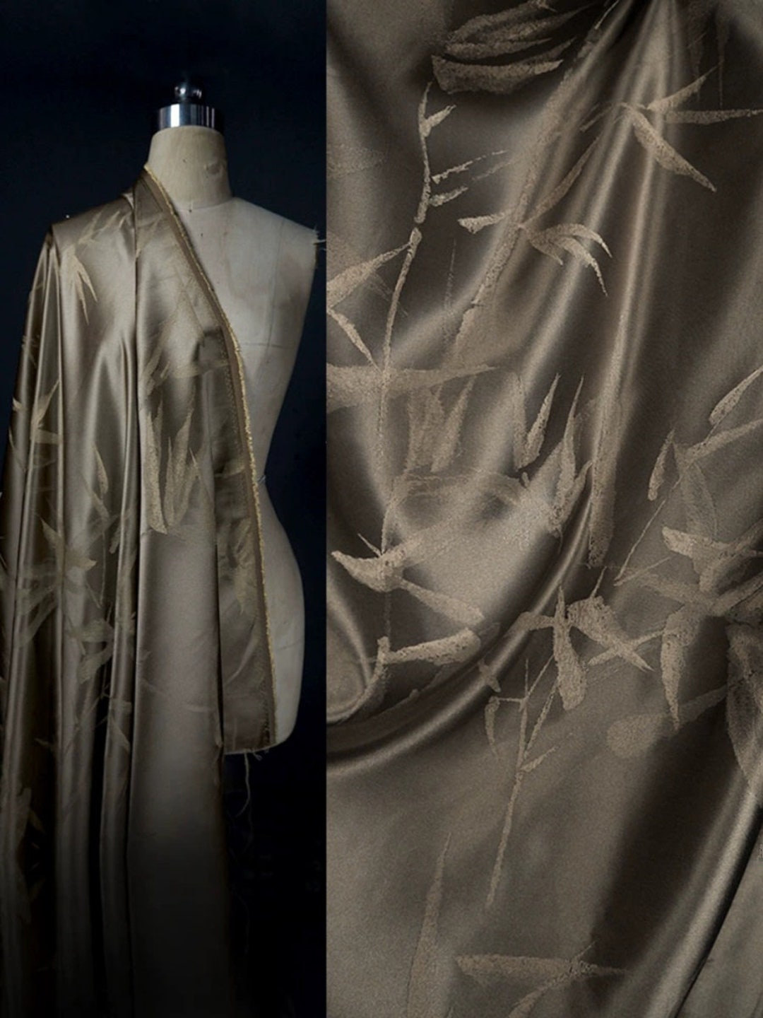 Dark Jacquard Fabric, Heavy Tencel Satin Fabric, Bamboo Leaf Dark Grain ...