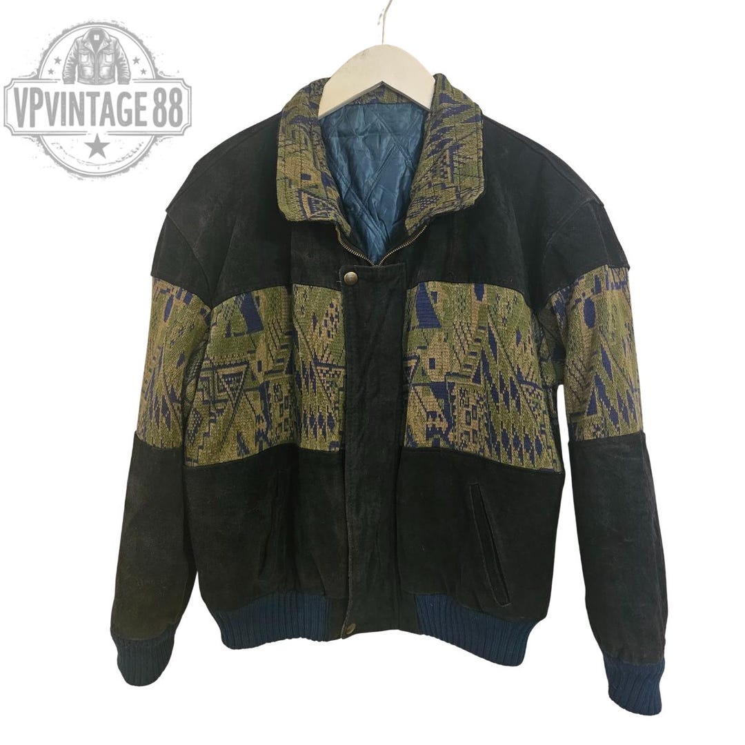 Vintage Aztec Navajo Inca | Blue Leather Bomber Jacket | Festival Boho ...