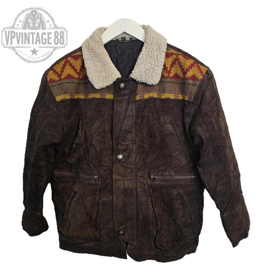 Vintage Boho Aztec Jacket | Brown Leather Bomber | Festival Style Coat ...