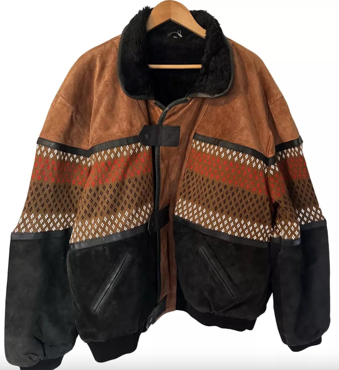 Vintage Aztec Navajo Inca | Tan Brown Leather Sherpa Bomber Jacket ...