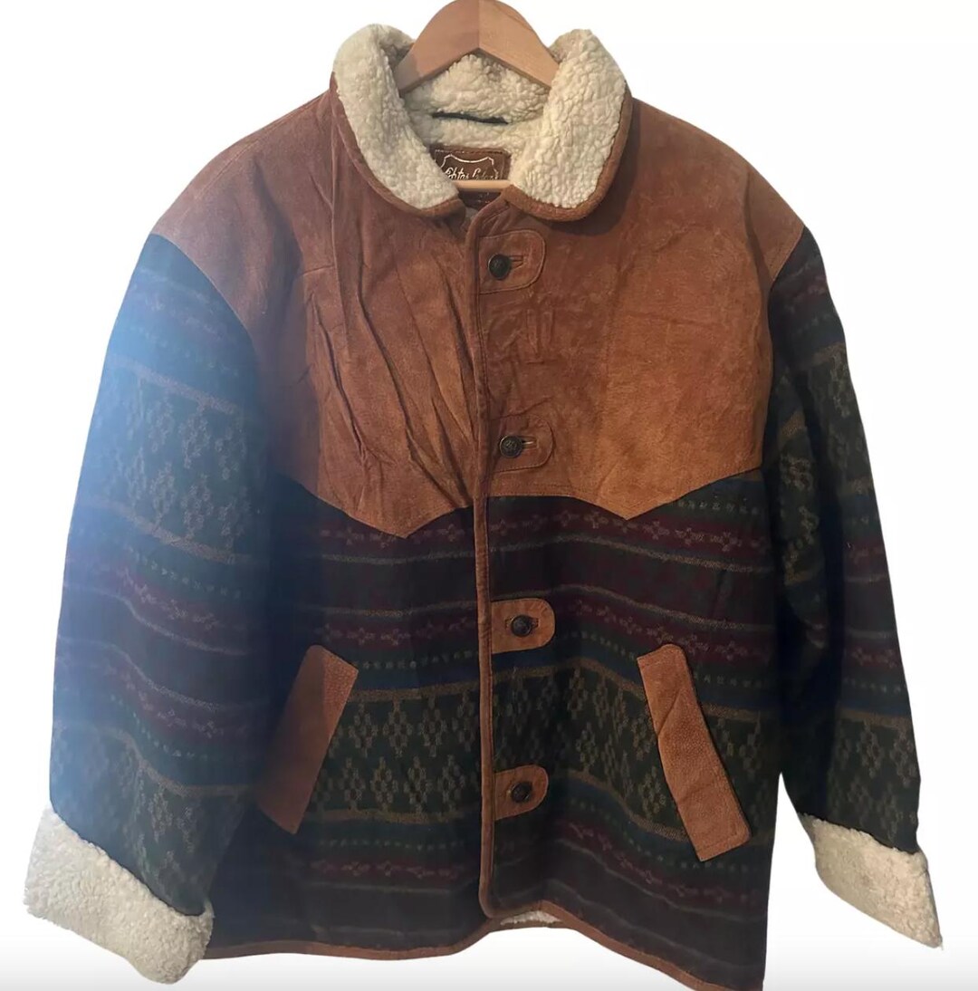 Vintage Aztec Navajo Inca | Tan Brown Suede Leather Sherpa Bomber ...