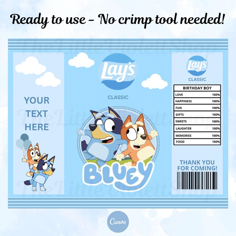 Bluey Birthday Party Chip Bag Template: Printable Favor Wrapper (PDF ...
