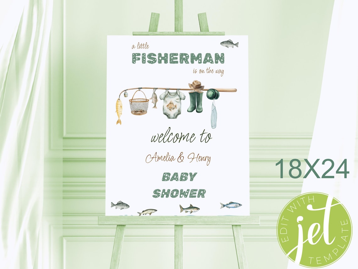 Editable A Little Fisherman Baby Shower Welcome Sign, Boy Fishing Baby ...