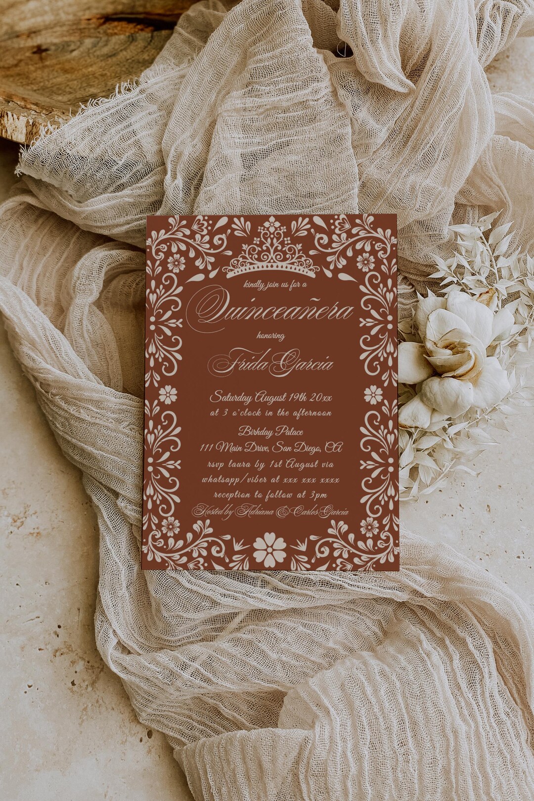 Terracotta Quinceañera Invitation, Floral Princess Birthday Invite ...