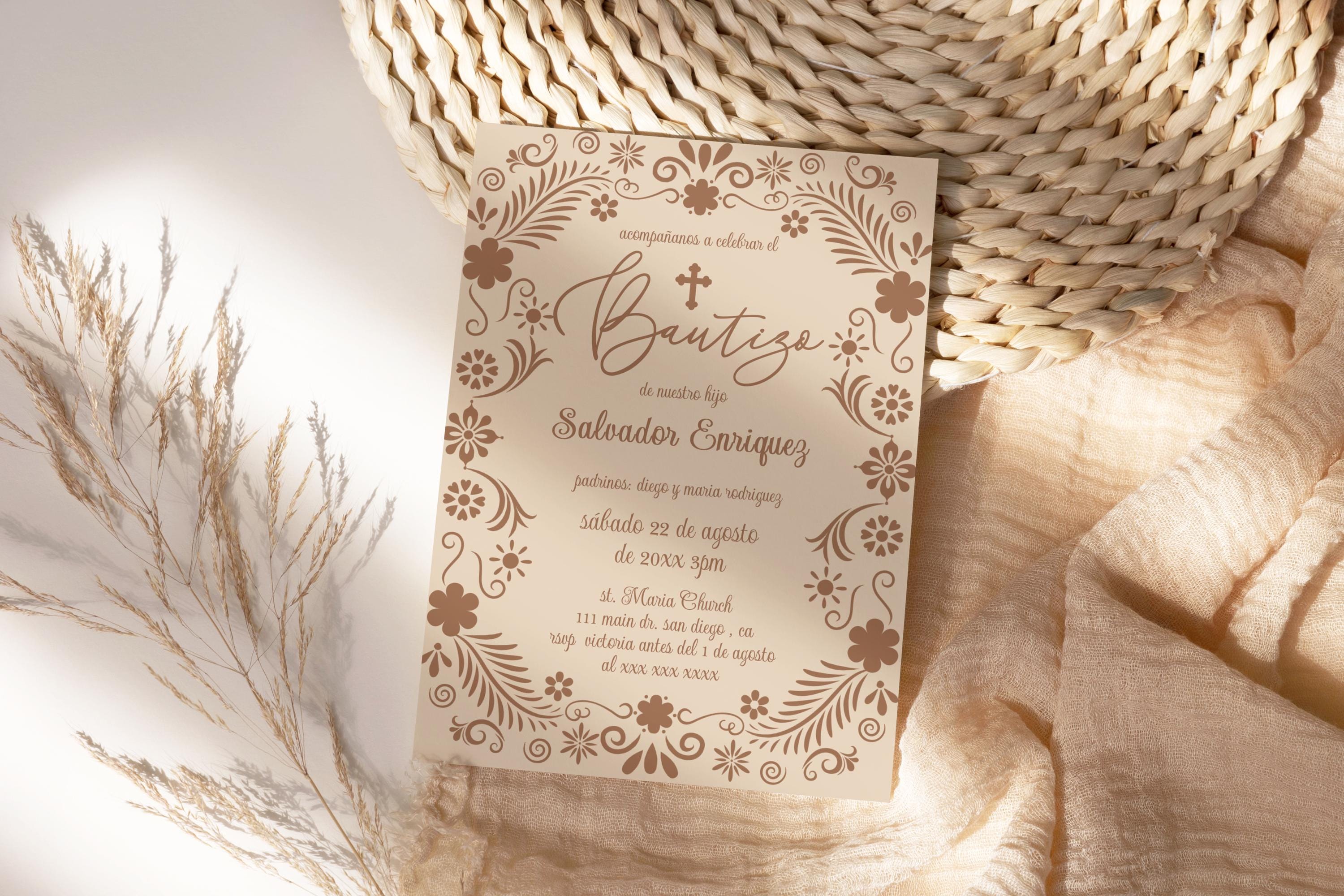 Cielito Lindo Bautizo Invitation Template: Talavera Beige Brown ...