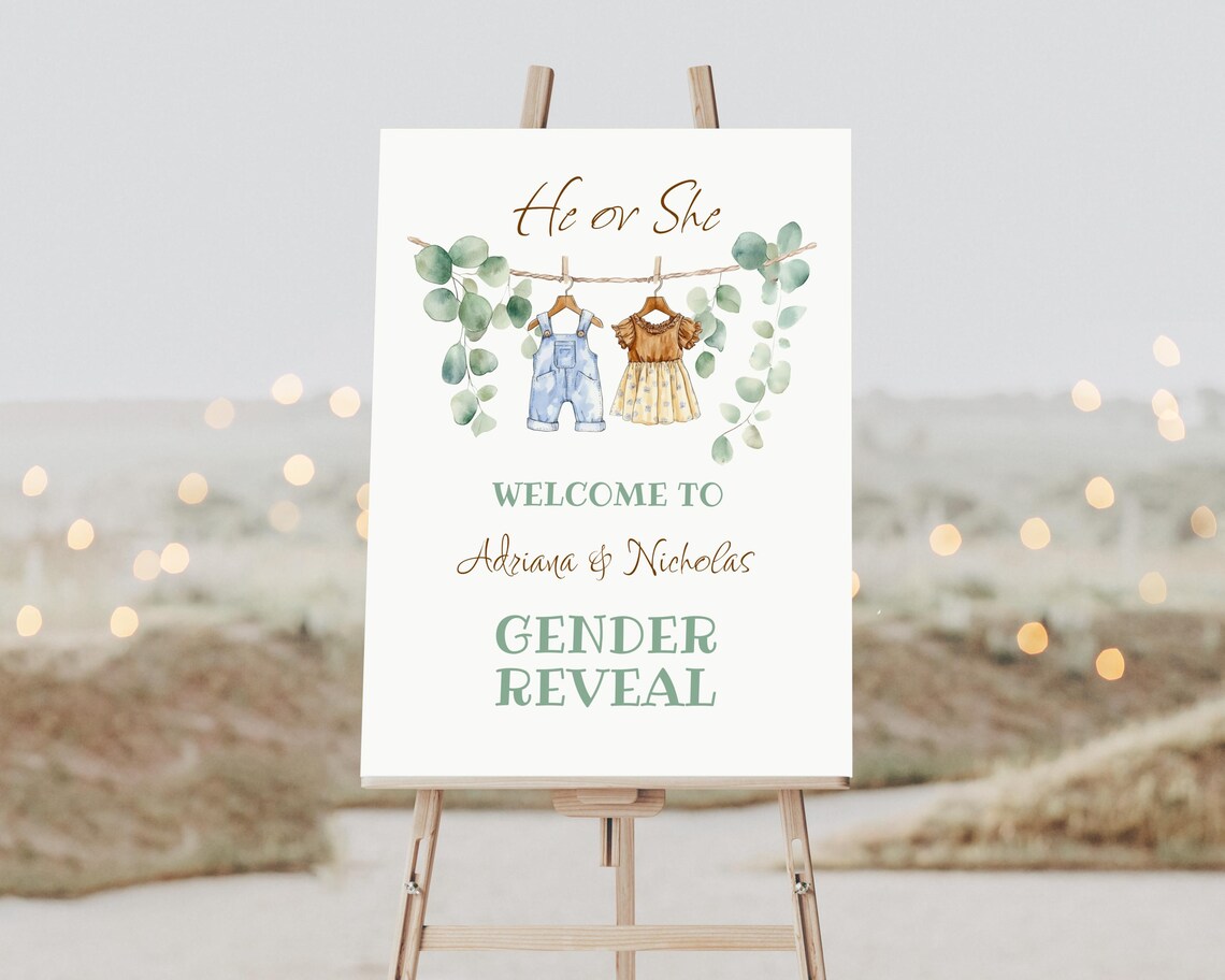 Boho Clothes Gender Reveal Welcome Sign, Eucalyptus Clothesline Baby ...