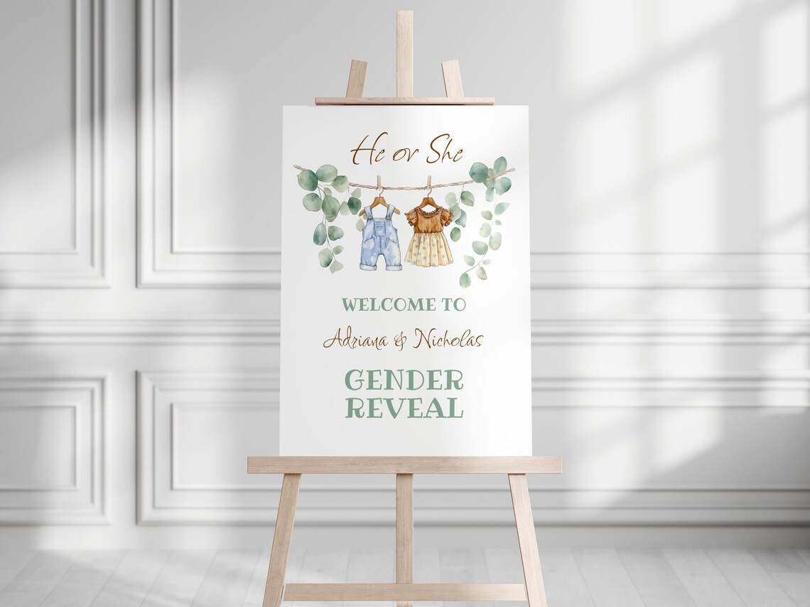 Boho Clothes Gender Reveal Welcome Sign, Eucalyptus Clothesline Baby ...