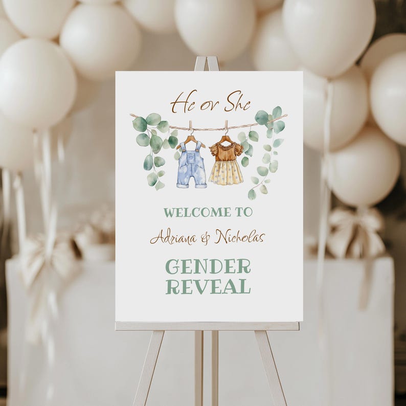 Boho Clothes Gender Reveal Welcome Sign, Eucalyptus Clothesline Baby ...