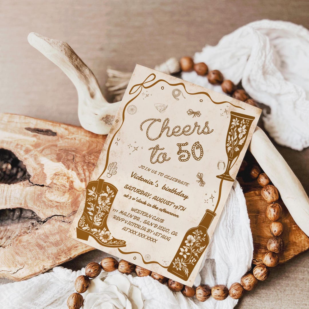 Rustic 50th Birthday Invitation Template: Western Rodeo, Boots & Bubbly ...