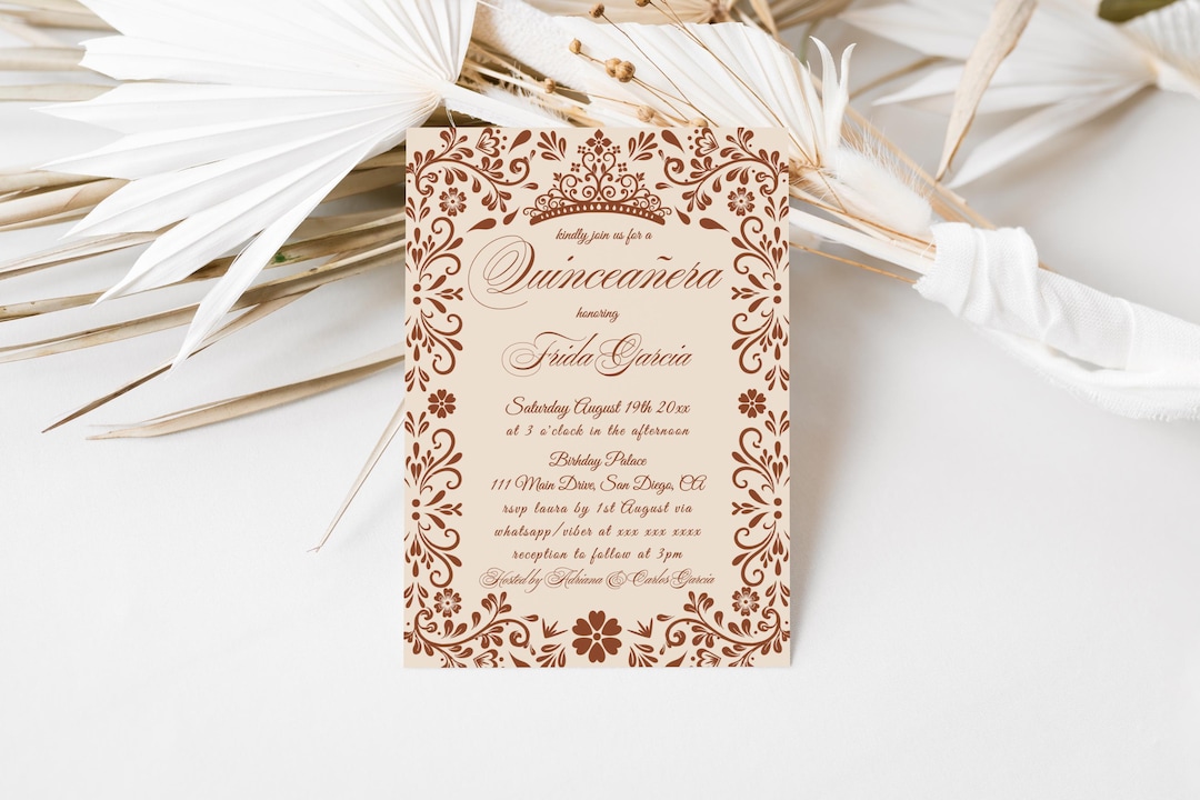 Elegant Beige Terracotta Quinceañera Invitation, Floral Princess ...