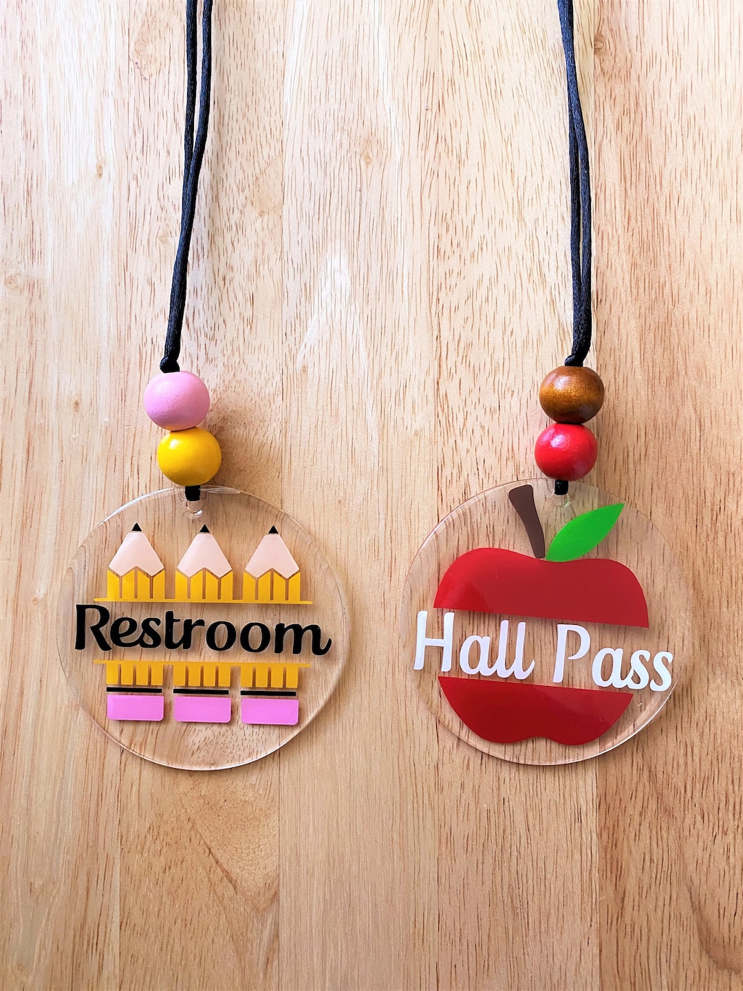 Custom Classroom Lanyard Hall Pass: Acrylic With Wood Beads - Etsy