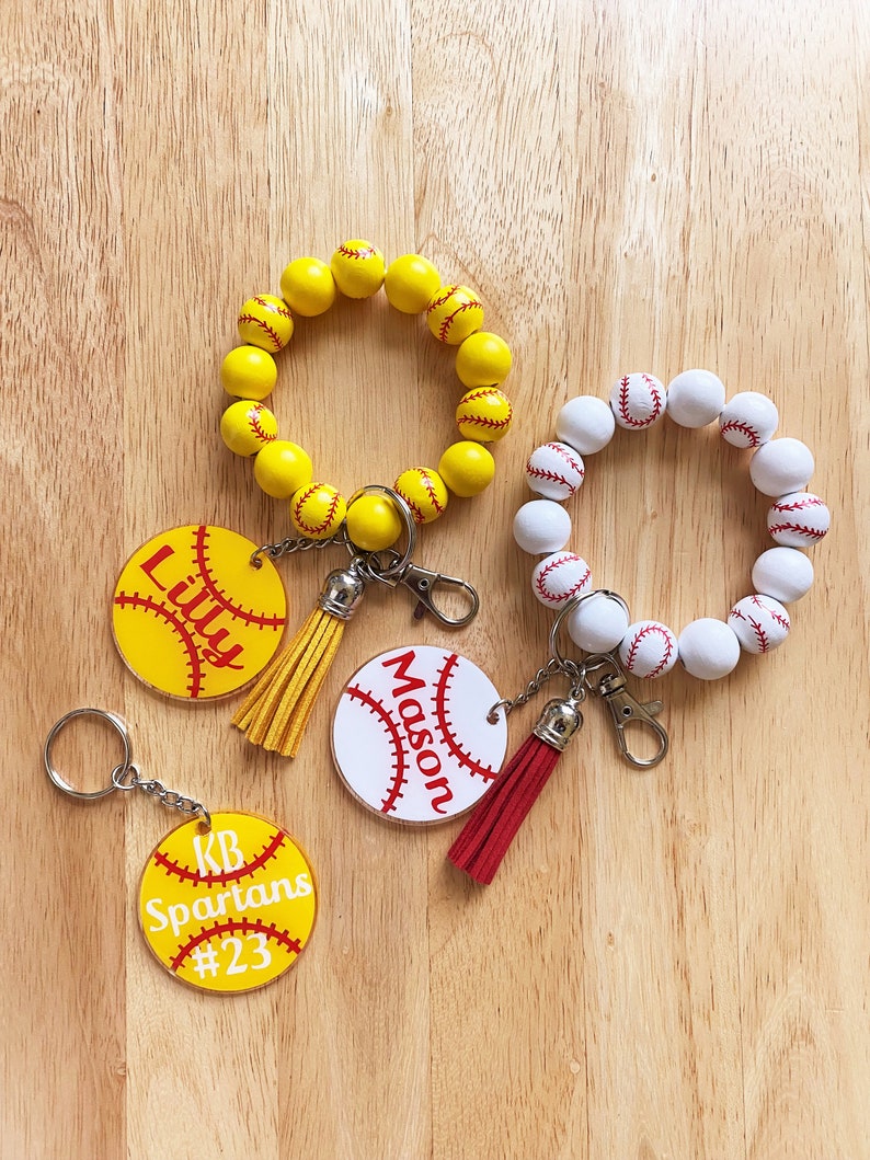 Personalized Sports Baseball Wristlet Wood Bead Bracelet Keychain ...