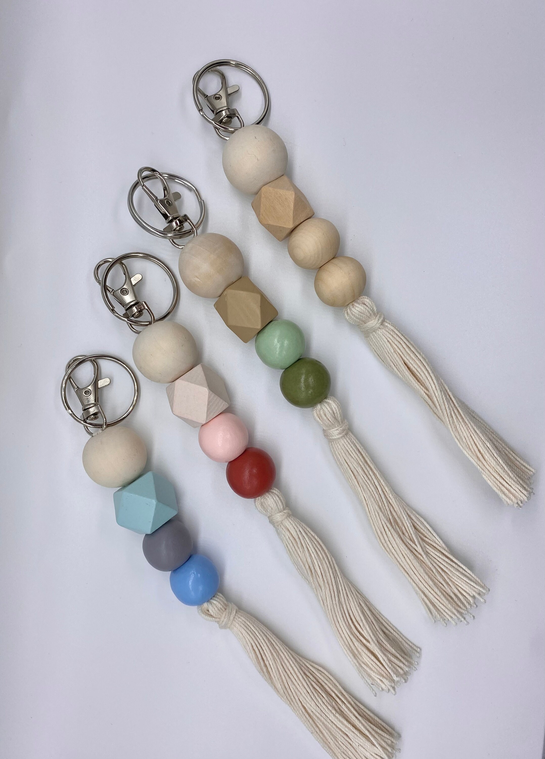 Chic Round Geometric Wood Bead Keychain W/ Long Tassel - Etsy