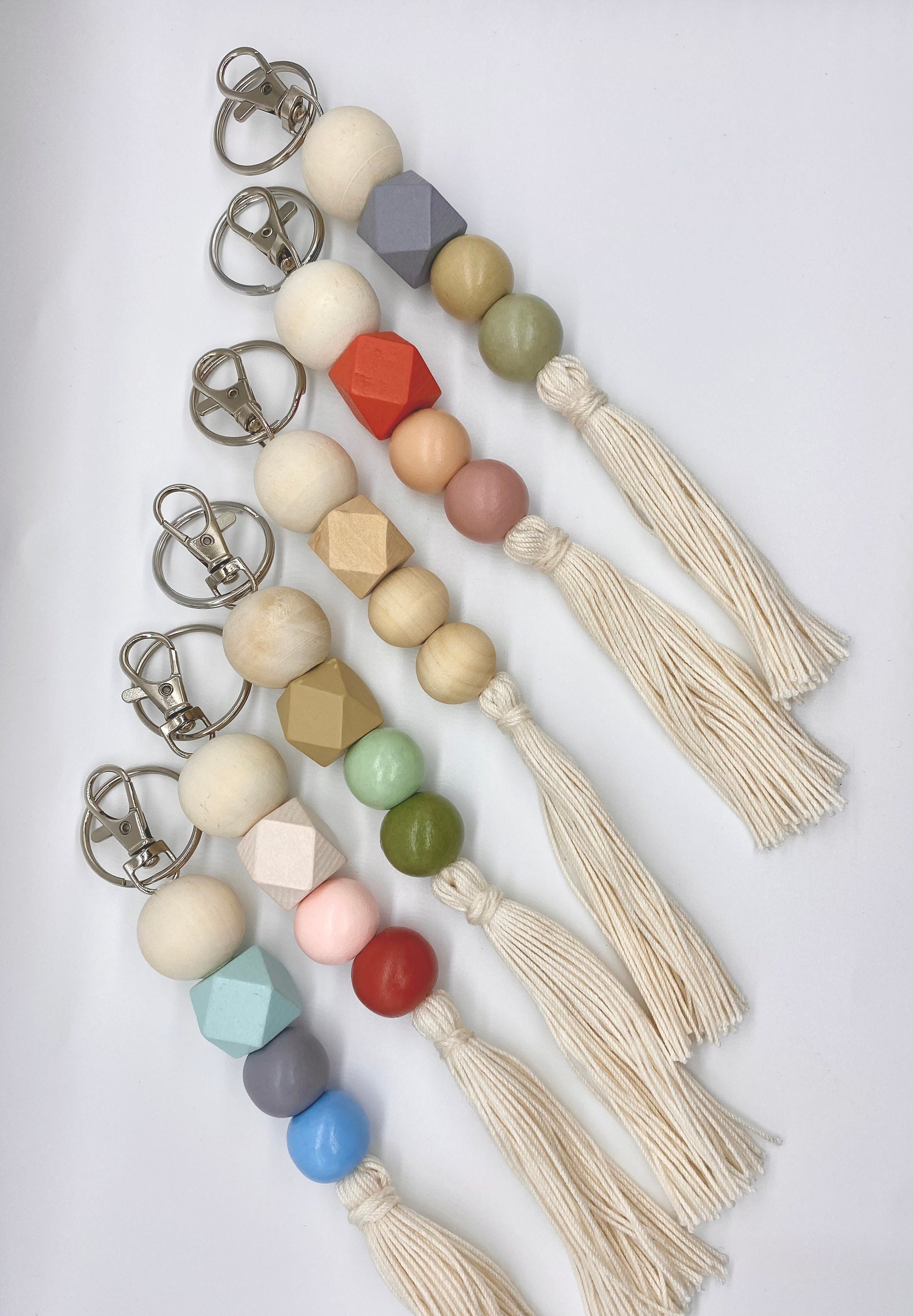 Chic Round Geometric Wood Bead Keychain W/ Long Tassel - Etsy