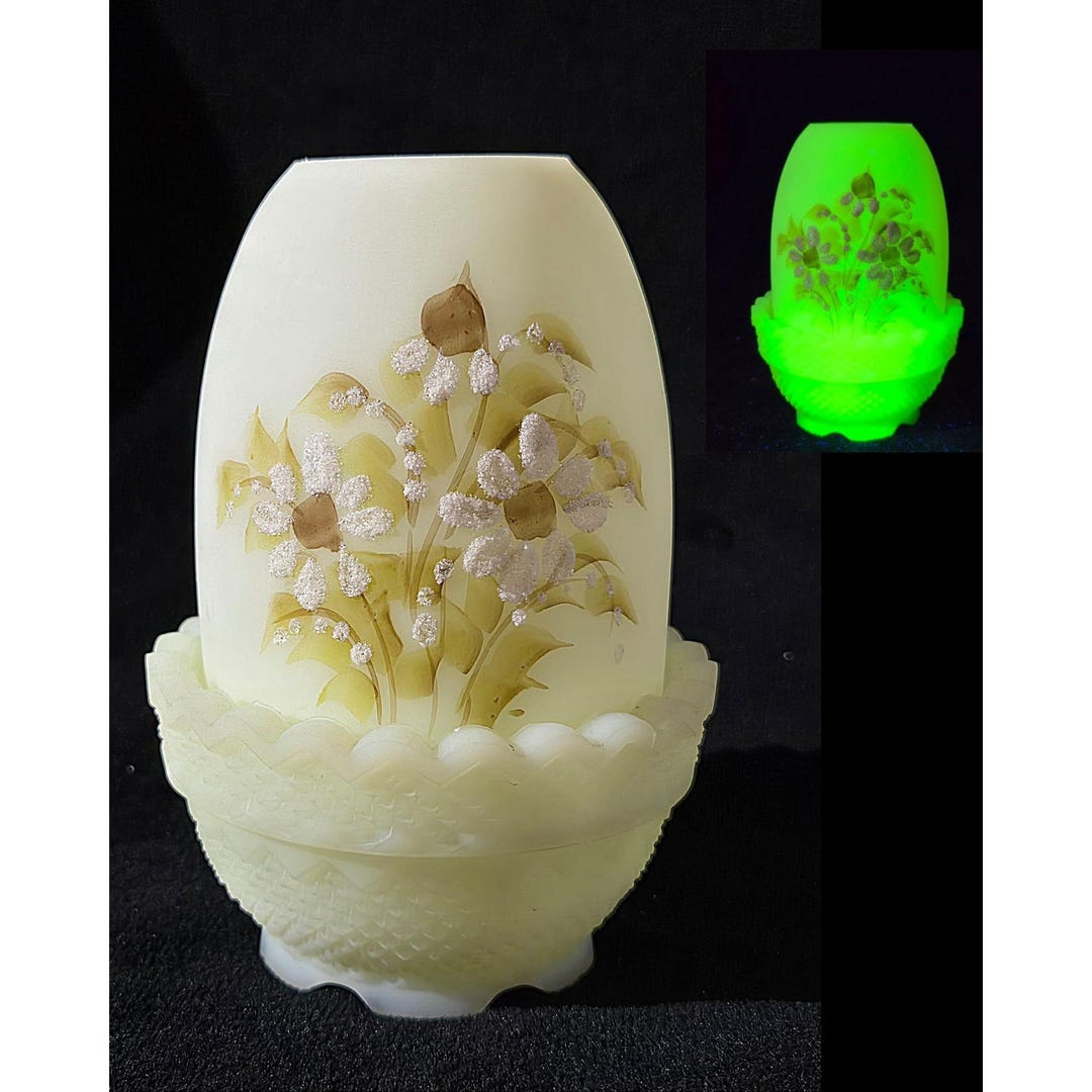 Fenton Glass Custard Fairy Lamp Uranium Glass, Hand Painted Floral UV ...