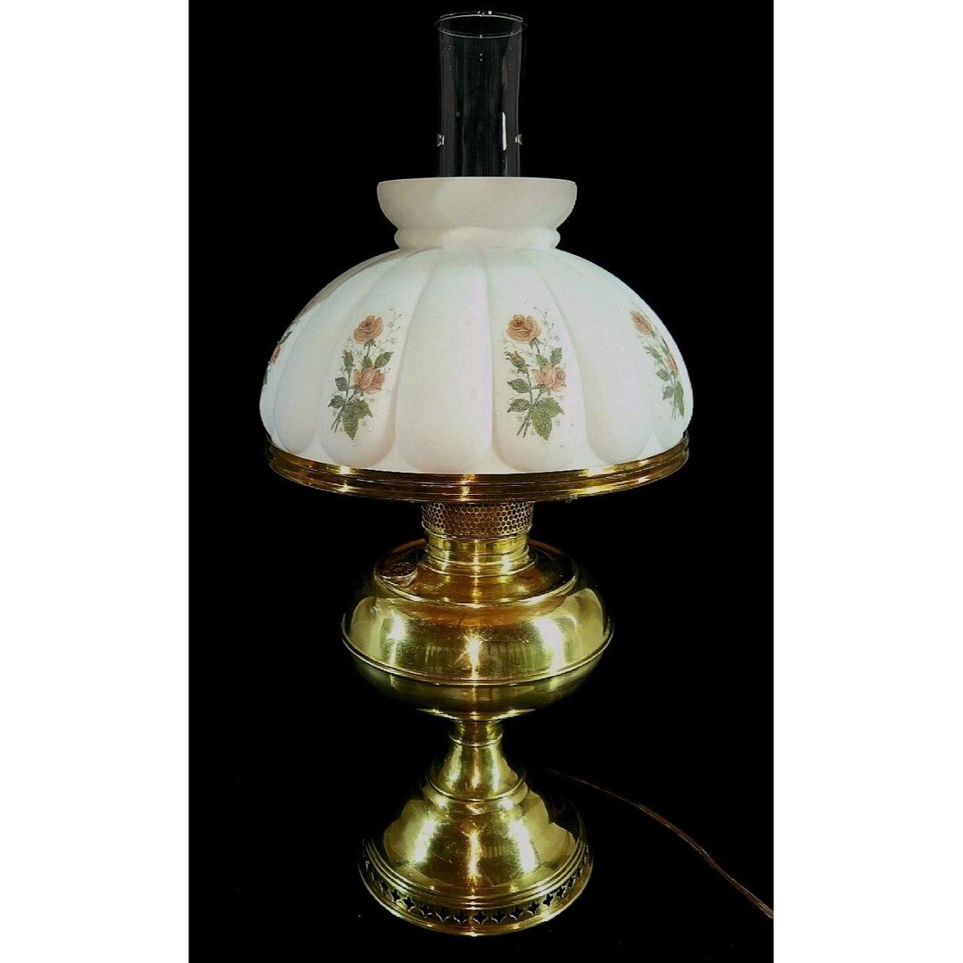 Perfection Brass Oil Lamp Converted to Electric Pink Glass Floral Shade ...