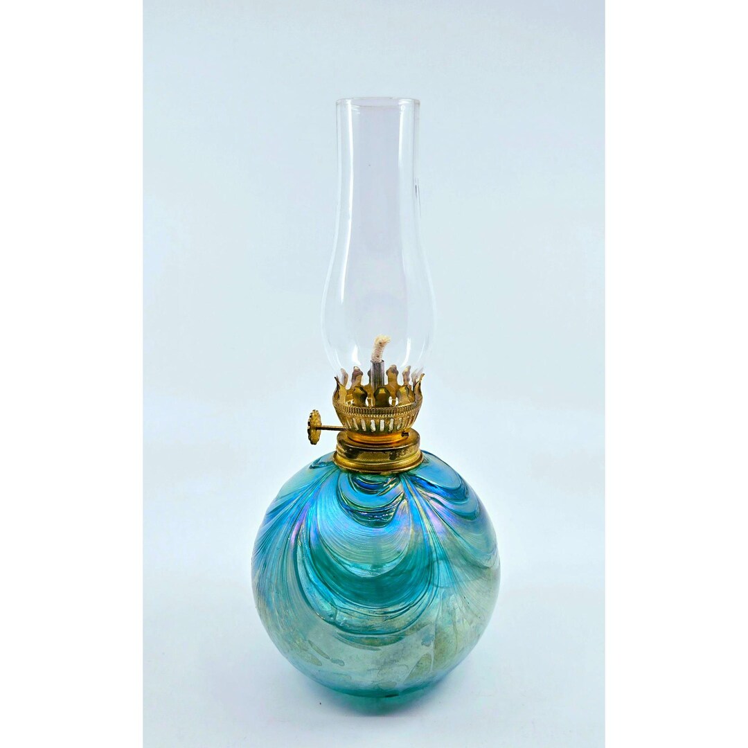 9" Iridescent Aqua Draped Glass Lantern, Coastal Look, Mt. St Helen's ...