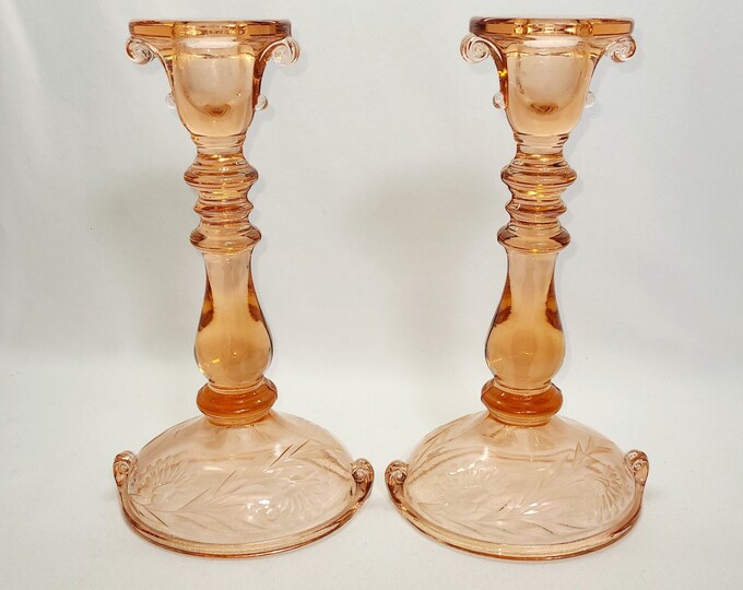 Antique 1910 Imperial Glass Double Scroll Etched Candlestick Holders - Etsy