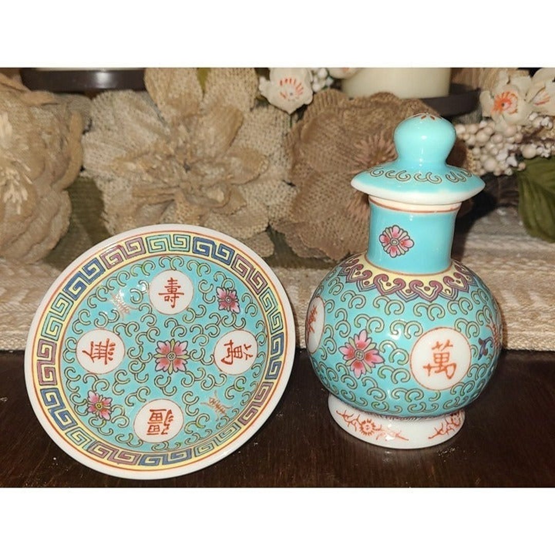 Vintage Chinese Mun Shou Jar With Lid, Sauce Bottle, Dish. Chinese ...