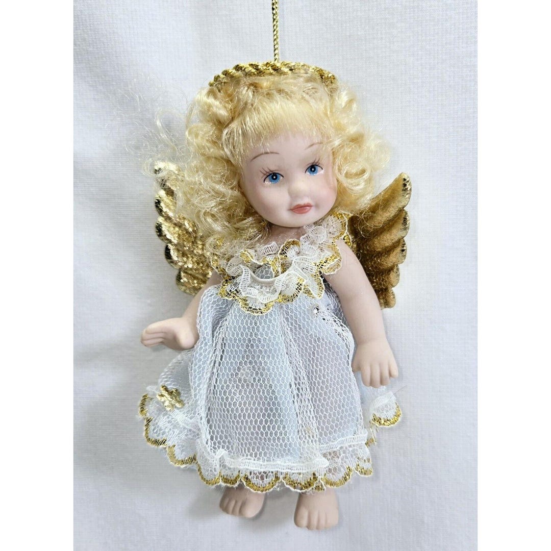 Porcelain Angel Doll Christmas Ornament Dressed Wings 4.5” Jointed - Etsy