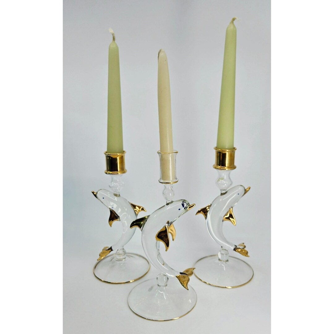 Set of 3 Handcrafted Dolphin Glass Candle Holders With Gold Accents - Etsy