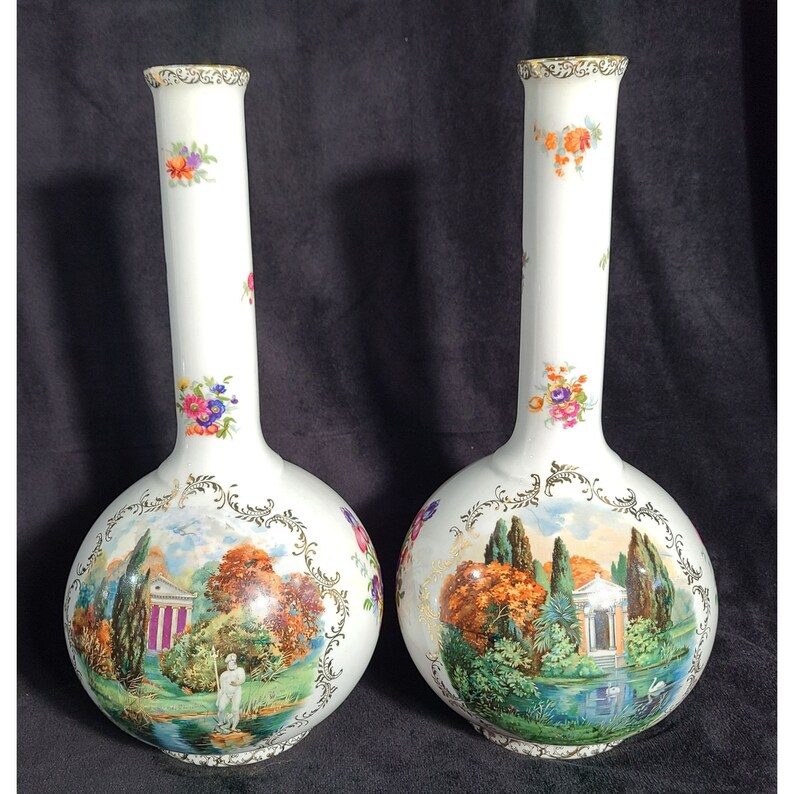 Vintage Dresden Rococo Style Vases Tall W/floral Scenery - Etsy