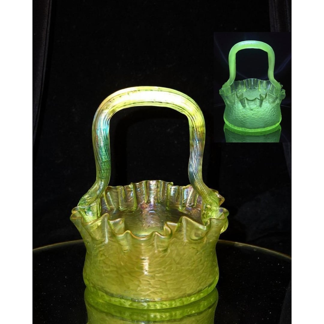 Loetz 1800s Green Iridescent Basket W/ruffled Rim GLOWS UV 365NM - Etsy