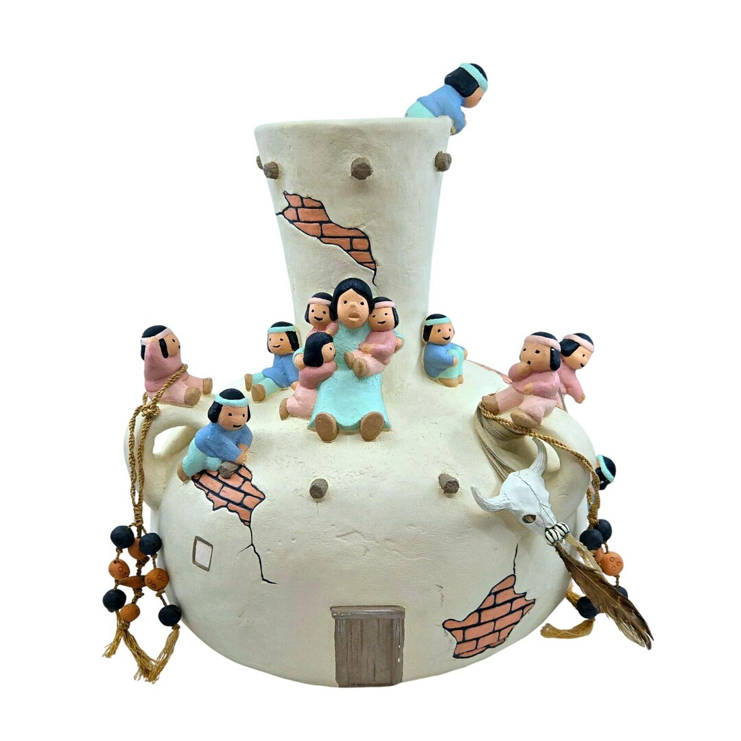 Native American Storyteller Pot W/3D Figures Decorative Beads & Feather ...