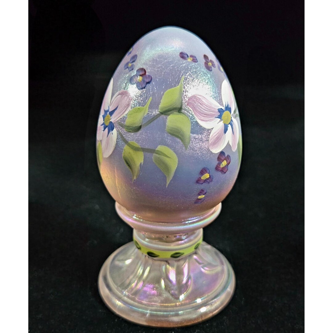 Fenton Art Glass Iridescent Carnival Glass Purple Egg Hand Painted ...