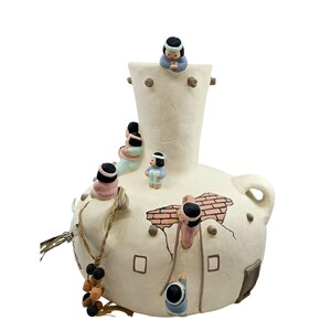 Native American Storyteller Pot W/3D Figures Decorative Beads & Feather ...