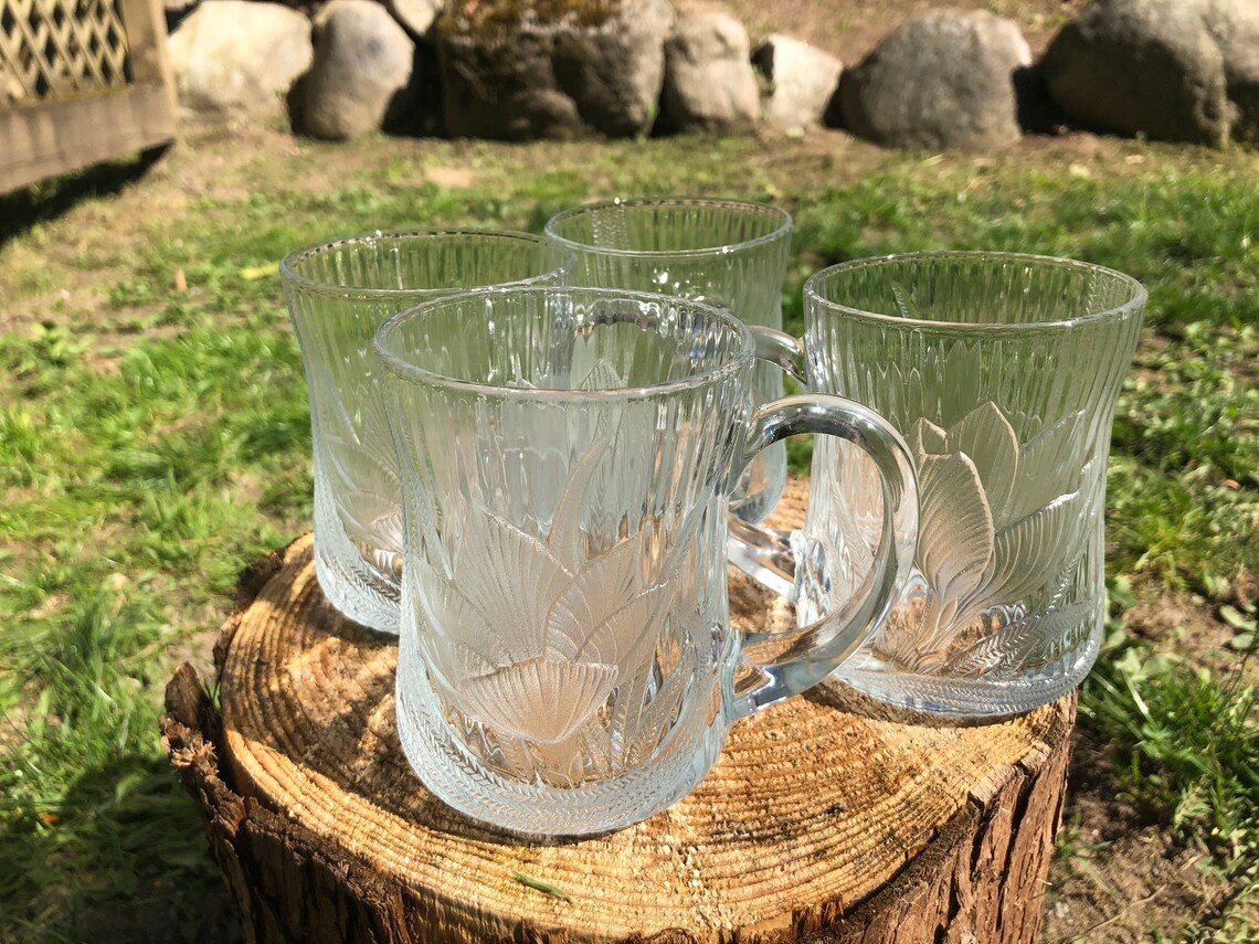 Vintage Clear Glass Mugs Arcoroc France Crocus Embossed Coffee Etsy