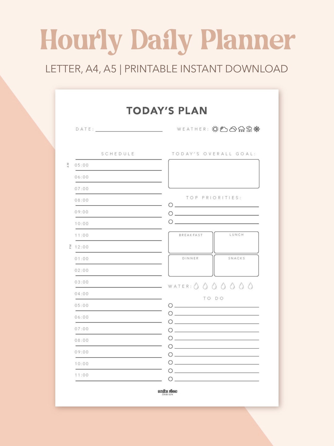 Hourly Daily Planner Instant Download, PDF, Printable Hourly Planner ...