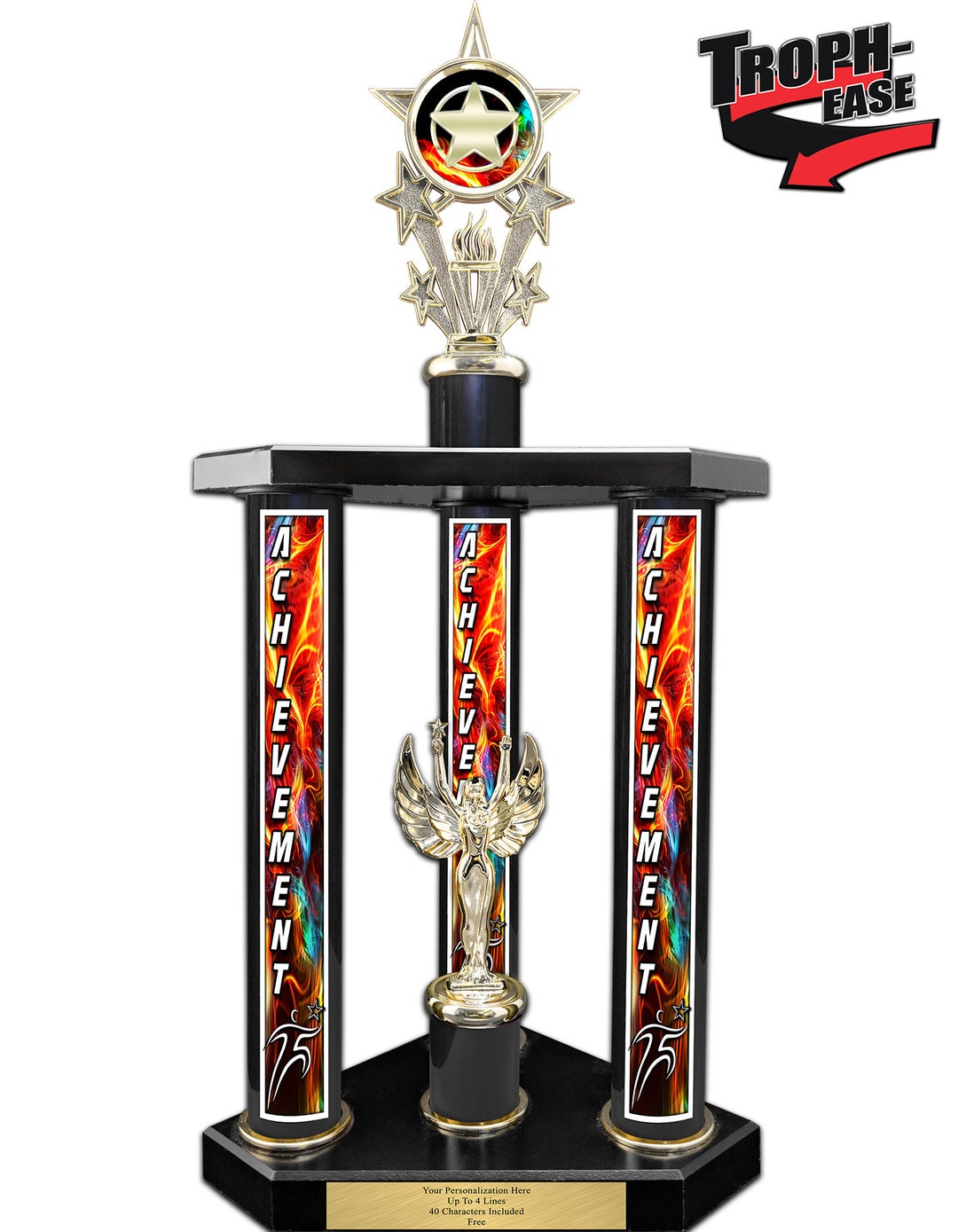 Achievement Trophy: Black Flame Design (3 Columns, Wood Base) - Etsy