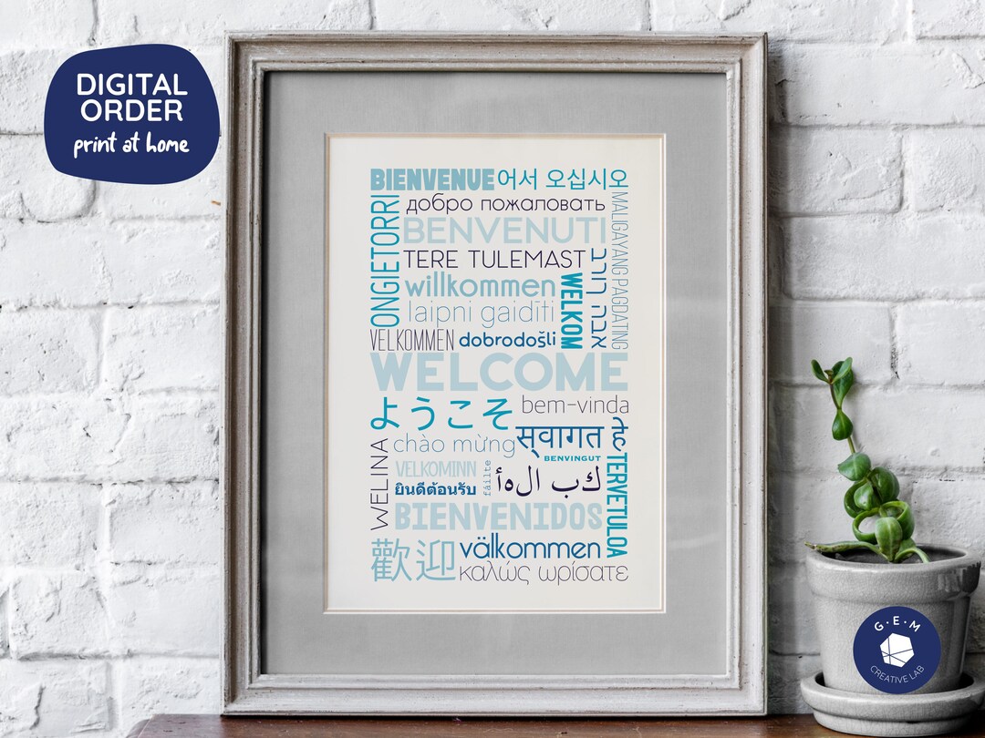 Welcome in Different Languages Printable Poster Blue Digital Download ...