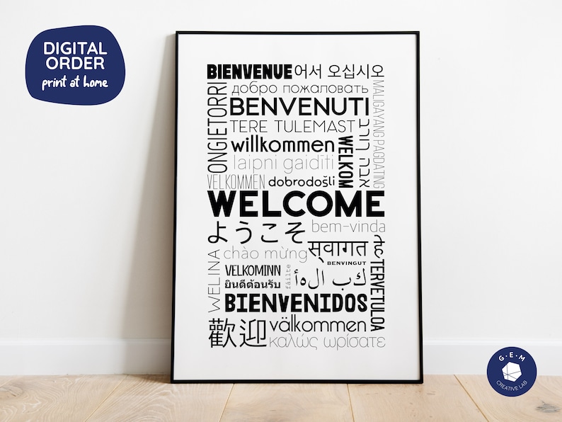Welcome in Different Languages Printable Poster Black | Etsy