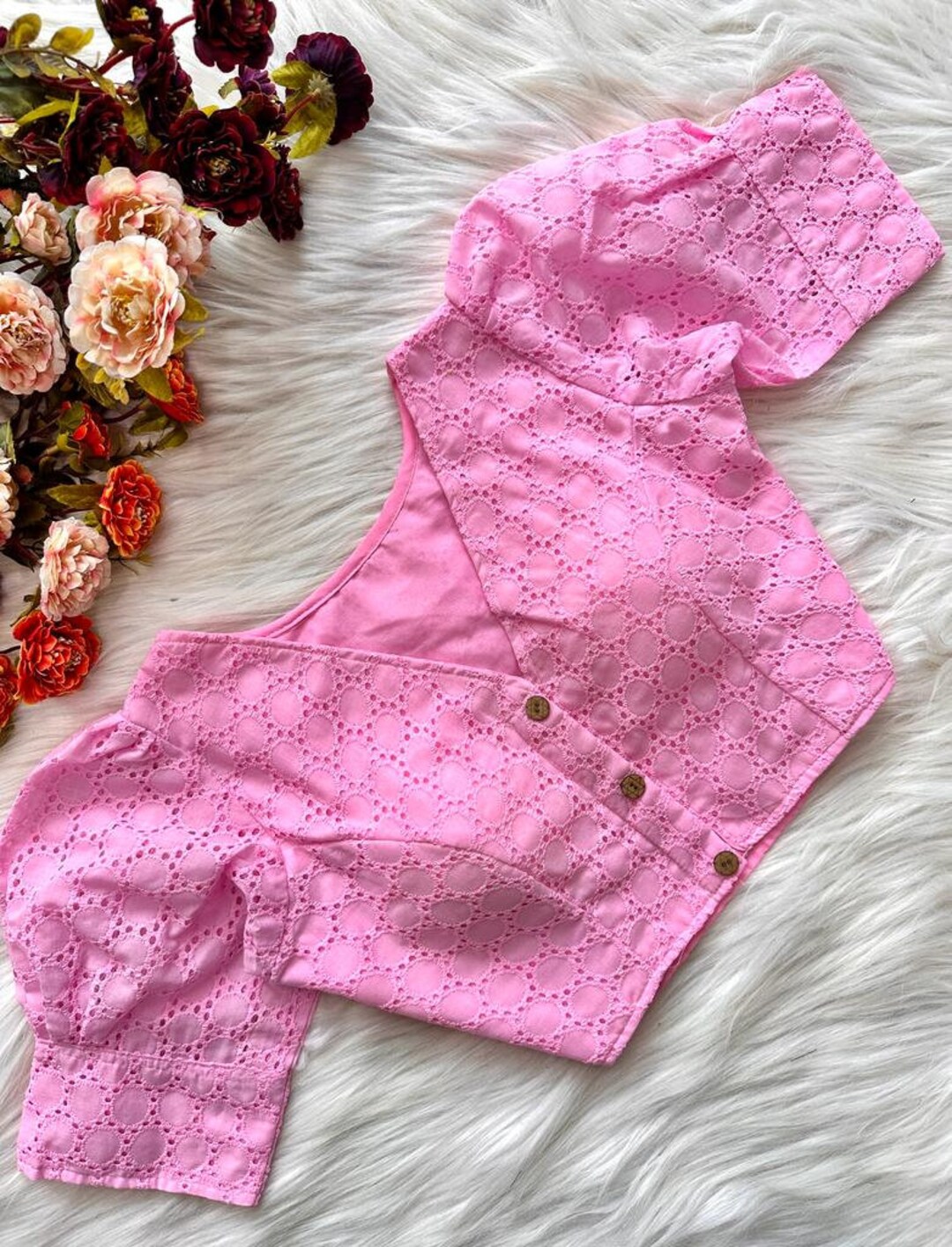 Readymade Pink Pure Cotton Hakoba Blouse With V Nack & Puff Sleeve ...