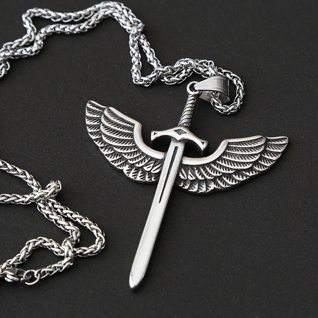Vintage Angel Holy Sword Stainless Steel Cross Necklace for Men Fashion ...