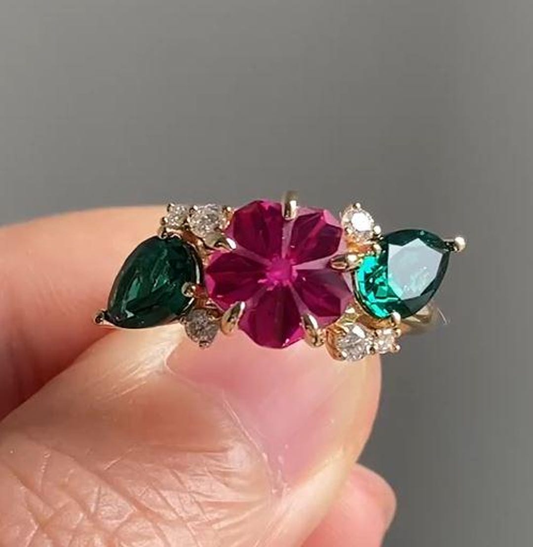 Vintage Cluster Engagement Ring, Three Stone Wedding Ring, Multi Color ...