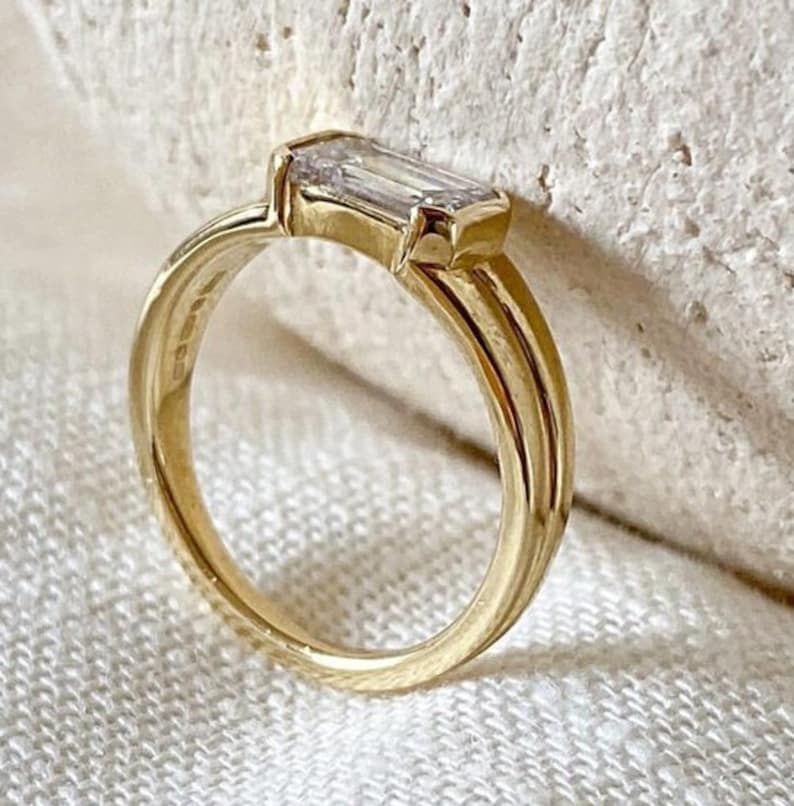 East to West Emerald Cut Moissanite Engagement Ring, Solitaire Half ...