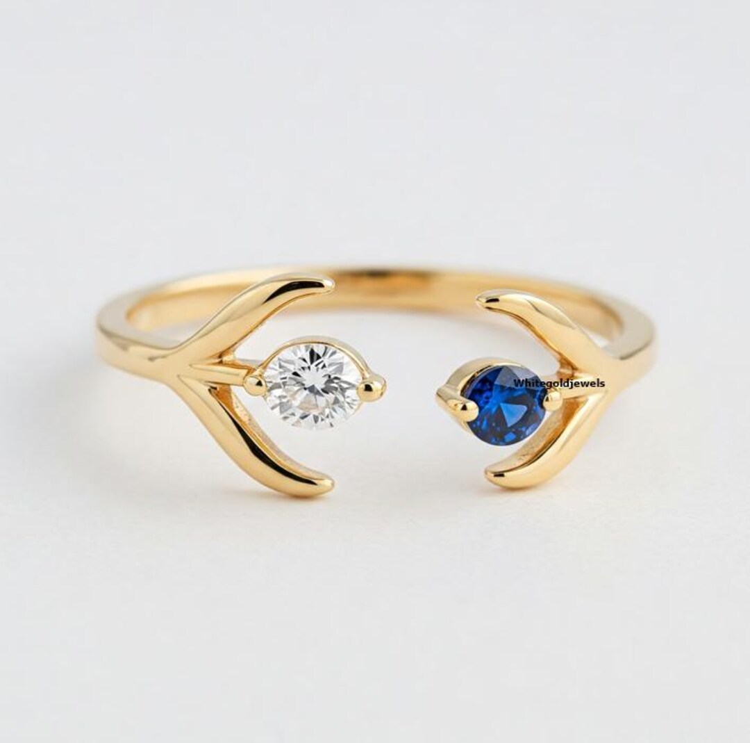 Two Stone Open Cuff Wedding Ring, Adjustable Ring, Blue Sapphire ...