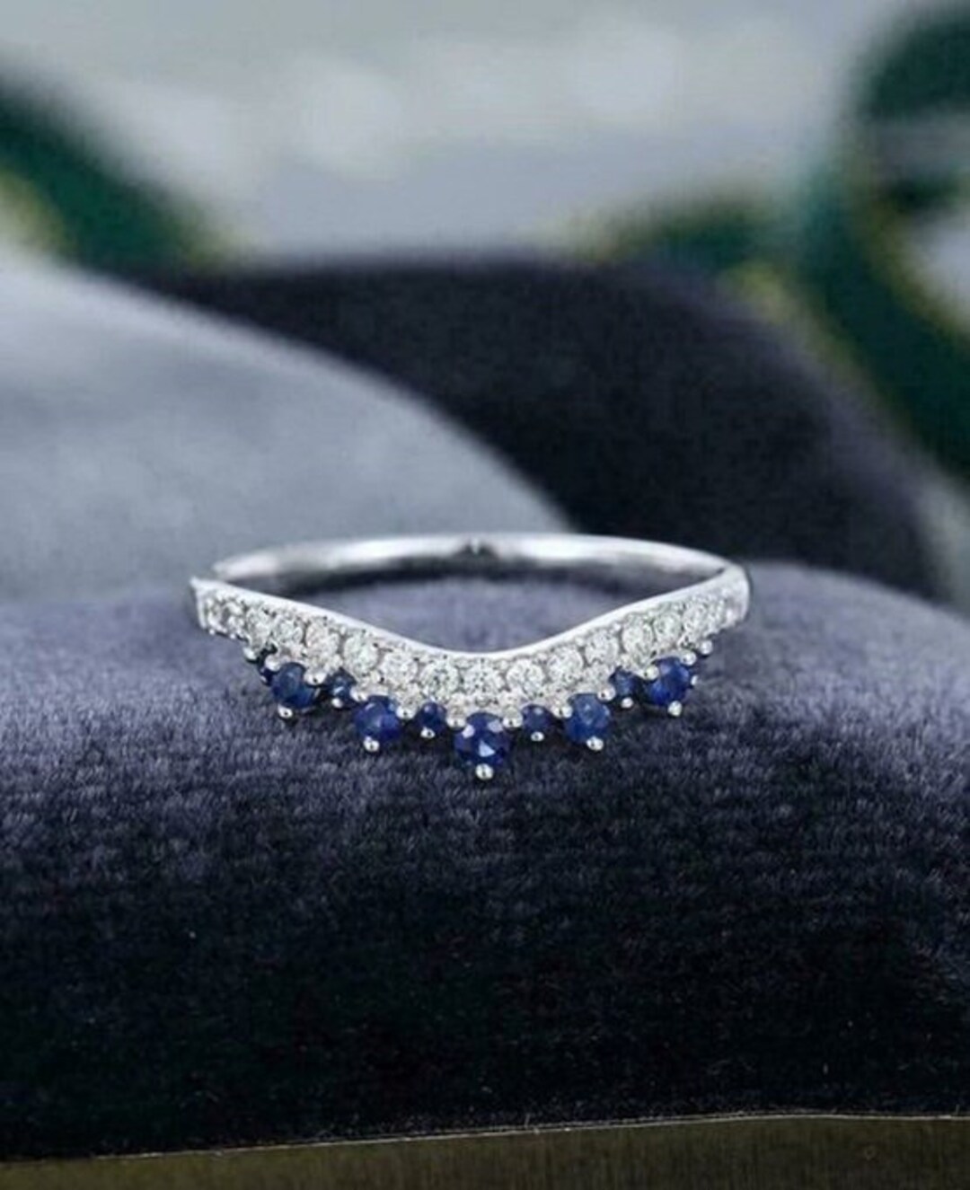 Curved Wedding Band, Chevron Band, Vintage 14K White Gold Diamond ...