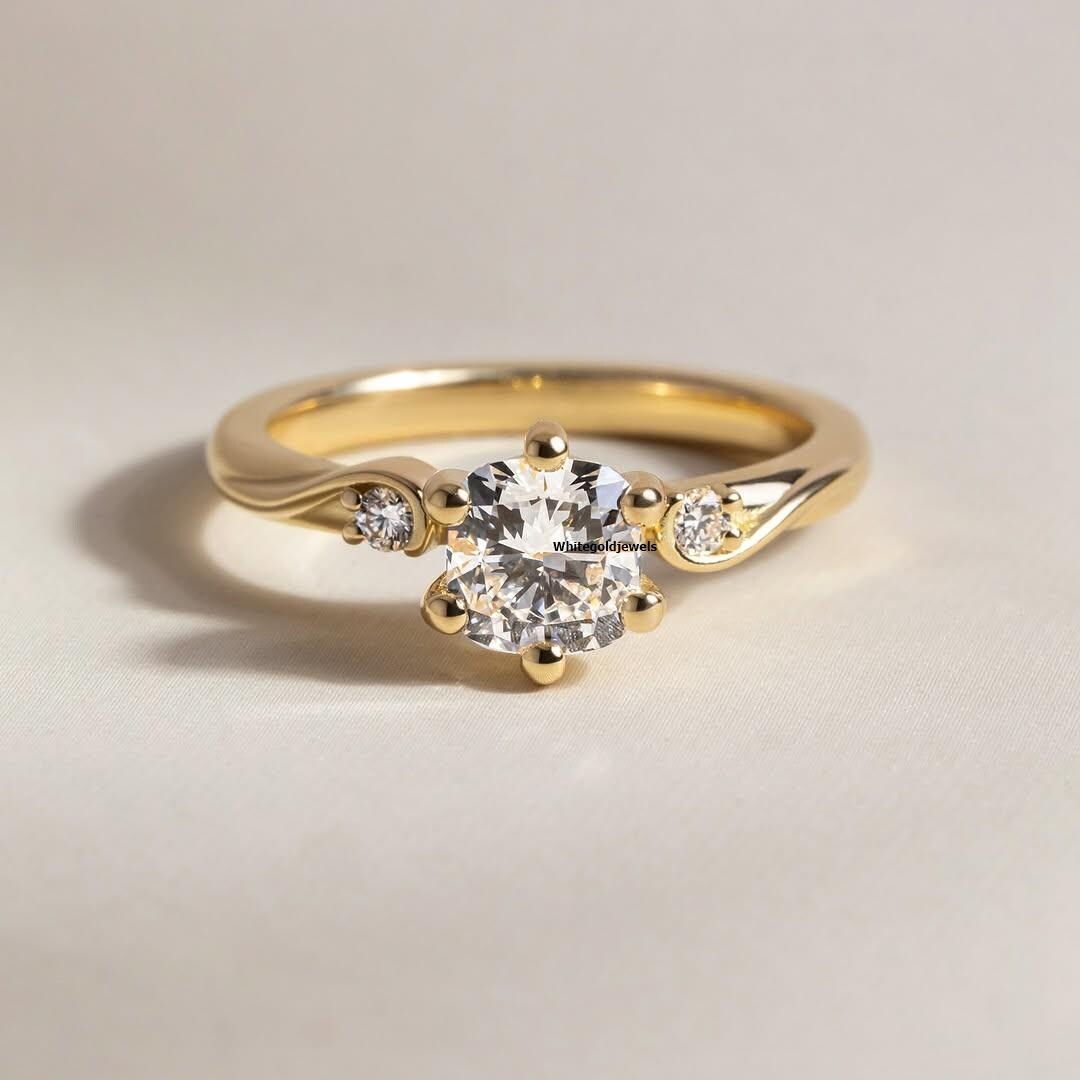 Three Stone Engagement Ring, Bypass Wedding Ring, Cushion & Round Shape ...